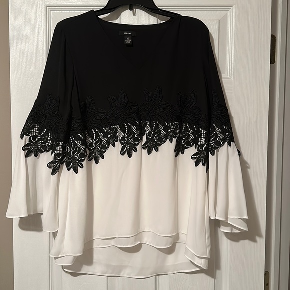 Alfani | Tops | Alfani Black And White Floral Lace Blouse | Poshmark